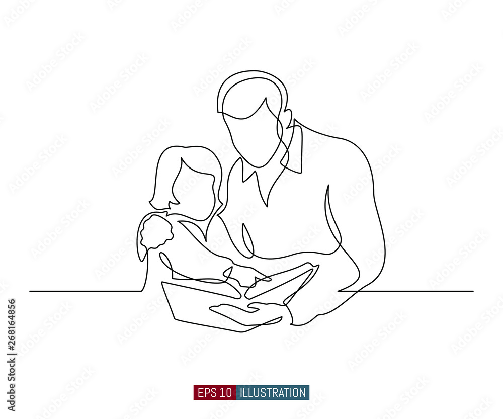 Continuous line drawing of father and daughter read a book. Template ...