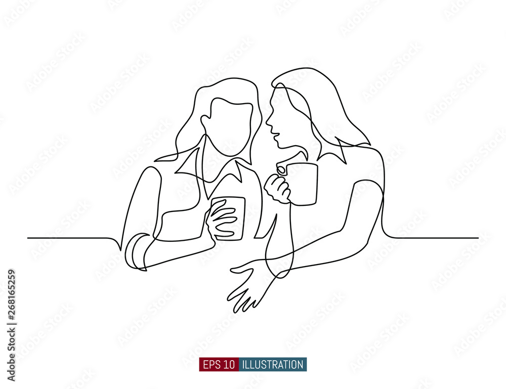 Continuous line drawing of gossip girls with cups. Template for your ...