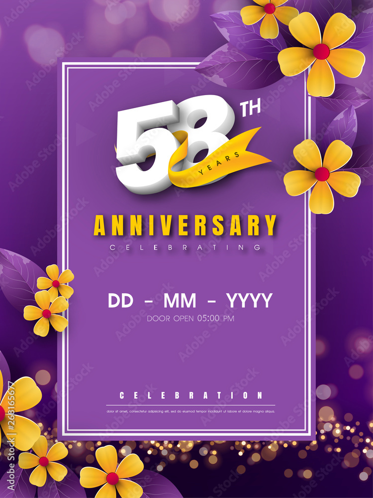 58 years anniversary logo template on golden flower and purple ...
