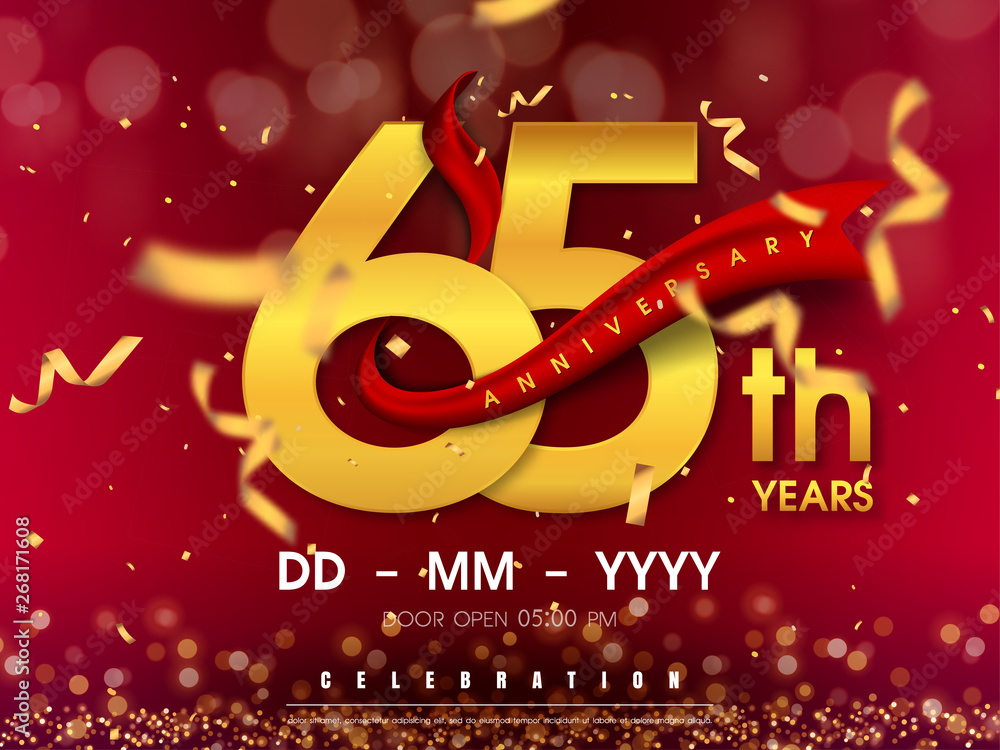 65 years anniversary logo template on gold background. 65th celebrating ...