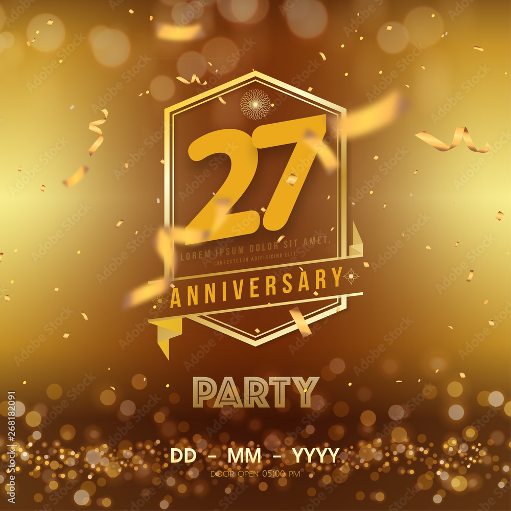 27 years anniversary logo template on gold background. 27th celebrating ...