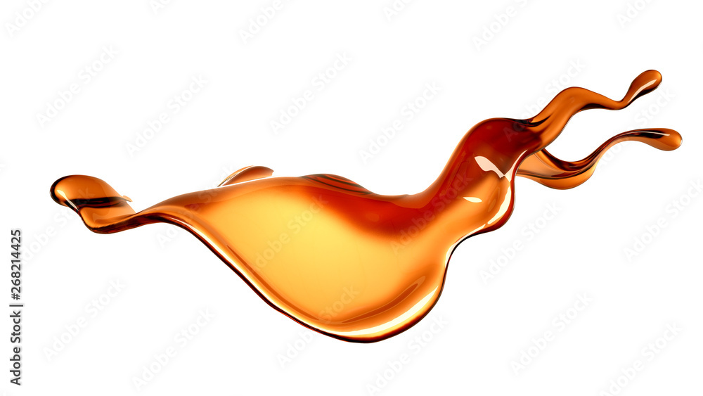 Splash of transparent brown liquid on a white background. 3d ...