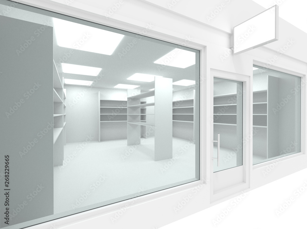 Empty new shop interior with shelving and clean signboard copy space ...