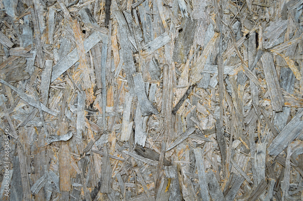 OSB plate consisting of pressed pine tree chips. Old and worn. Grain ...