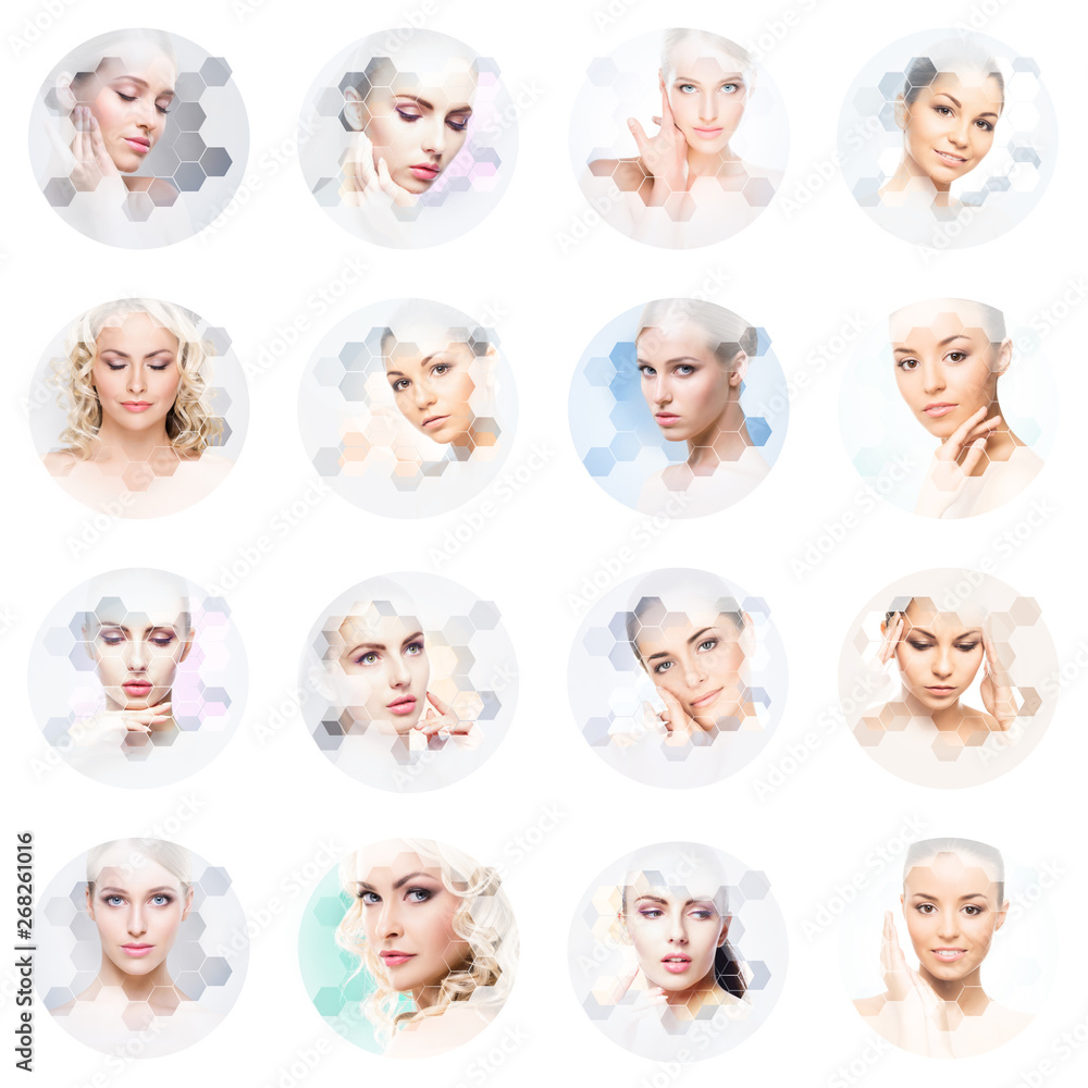 Collage of female portraits. Healthy faces of young women. Spa, face ...
