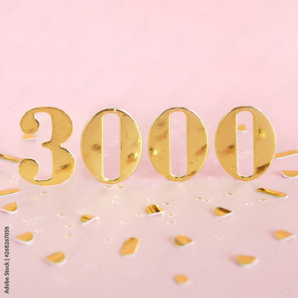 The number 3000 in golden numbers on a pink background and golden ...