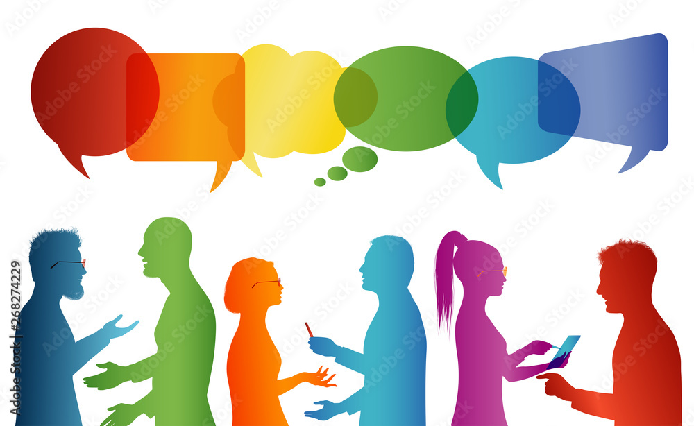Crowd talking. Communication between group of people who talk ...
