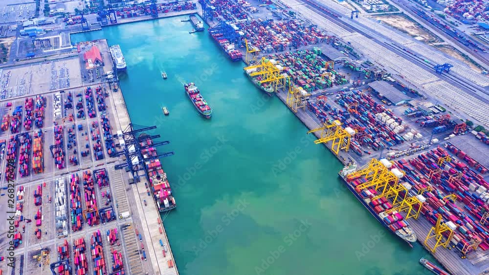 4K, Time lapse industrial port with containers from top view or aerial ...