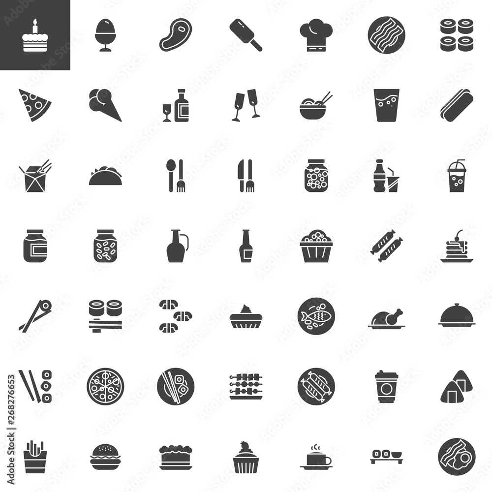 Restaurant food vector icons set, modern solid symbol collection ...