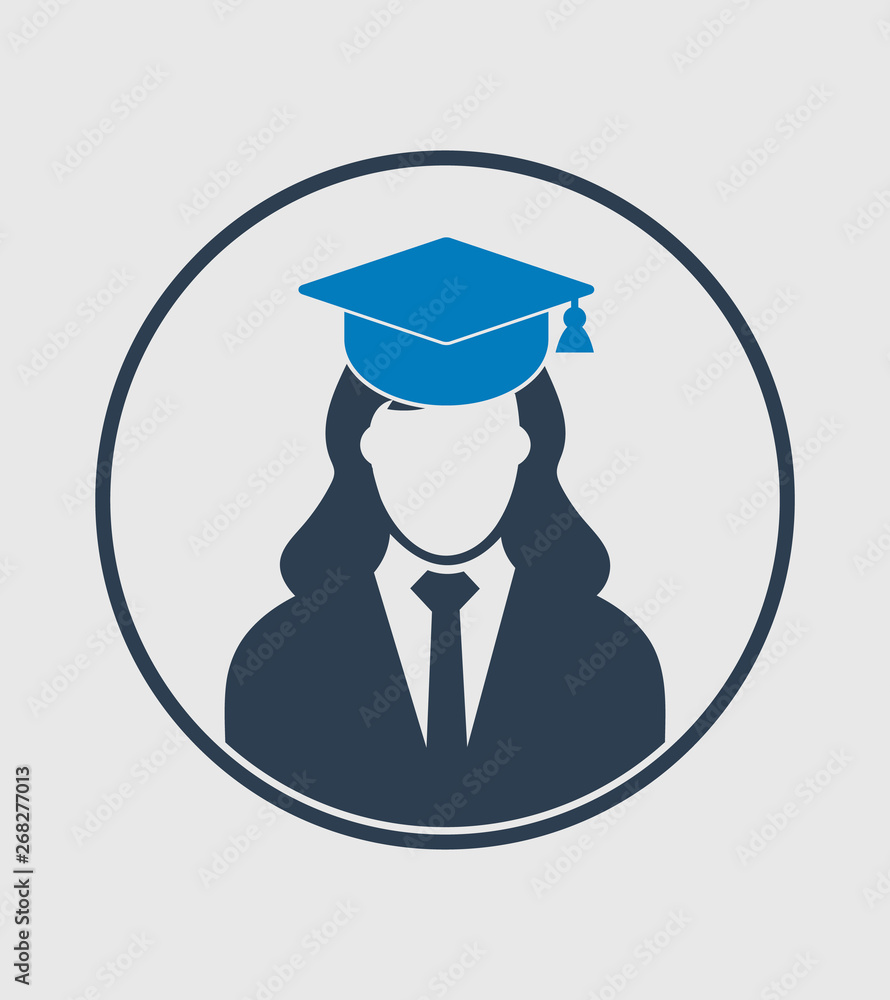 Female graduate student profile icon with gown and cap. Flat style ...
