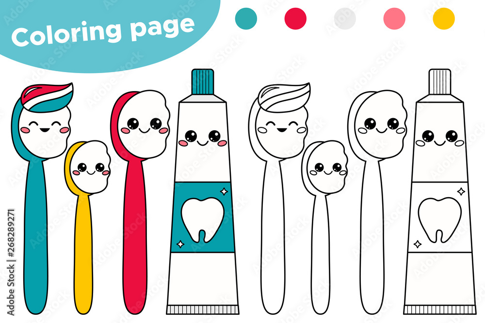 Cute kawaii cartoon toothbrush family and toothpaste. Coloring page for ...