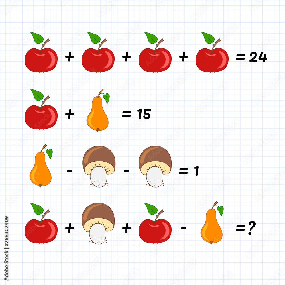Mathematical Addition Subtraction Puzzle with apple, pear and mushroom ...