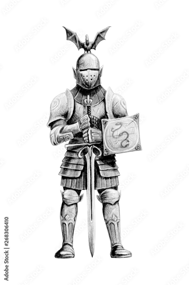 Fantasy medieval knight illustration. Knight with sword drawing ...
