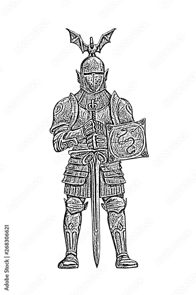 Fantasy medieval knight illustration. Knight with sword drawing ...
