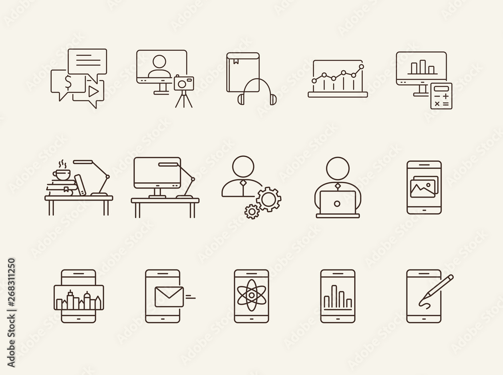 E-learning line icon set. Smartphone, computer, workstation. tutorial ...