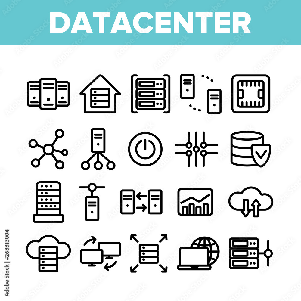 Data Center, Technology Linear Vector Icons Set. Data Analytics, Remote ...