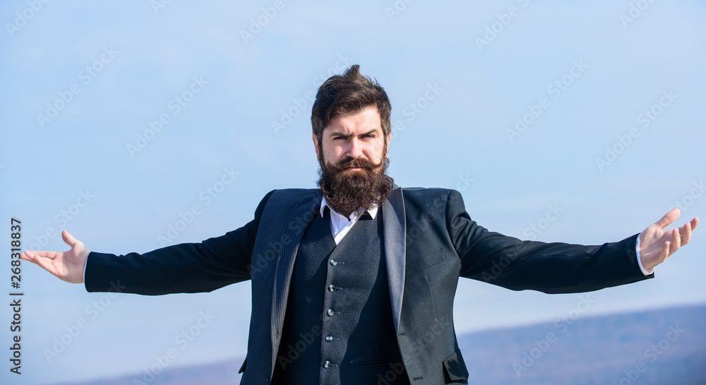 Hipster bearded attractive enjoy freedom. Guy enjoy top achievement ...