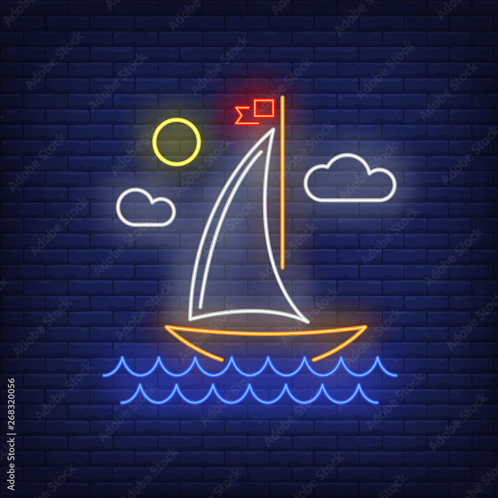 Cartoon sailing ship neon sign. Vessel, voyage, adventure design. Night ...
