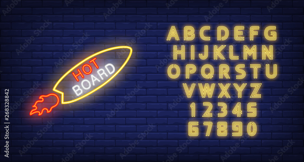 Hot board neon text on surfboard in form of rocket. Extreme sport and ...