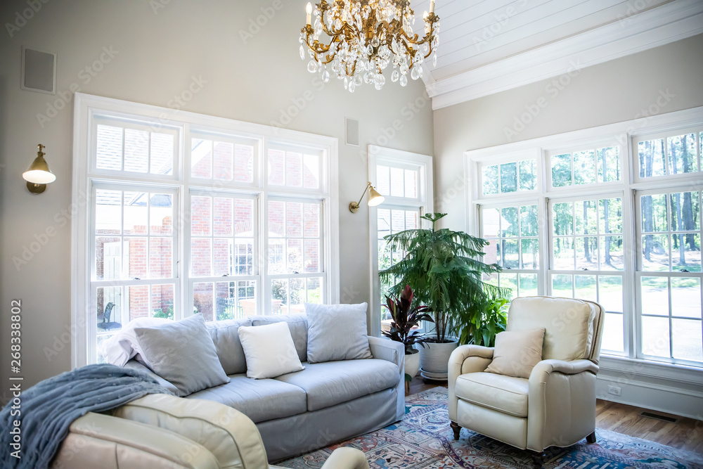 Open Concept Living Room Den with Vaulted Ceilings and Lots of Windows ...