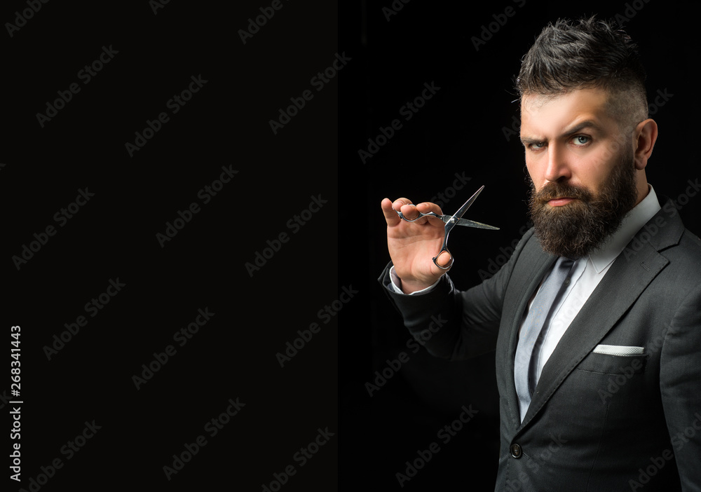 Confident barber at barbershop. Barber and hairdresser salon. Beard ...