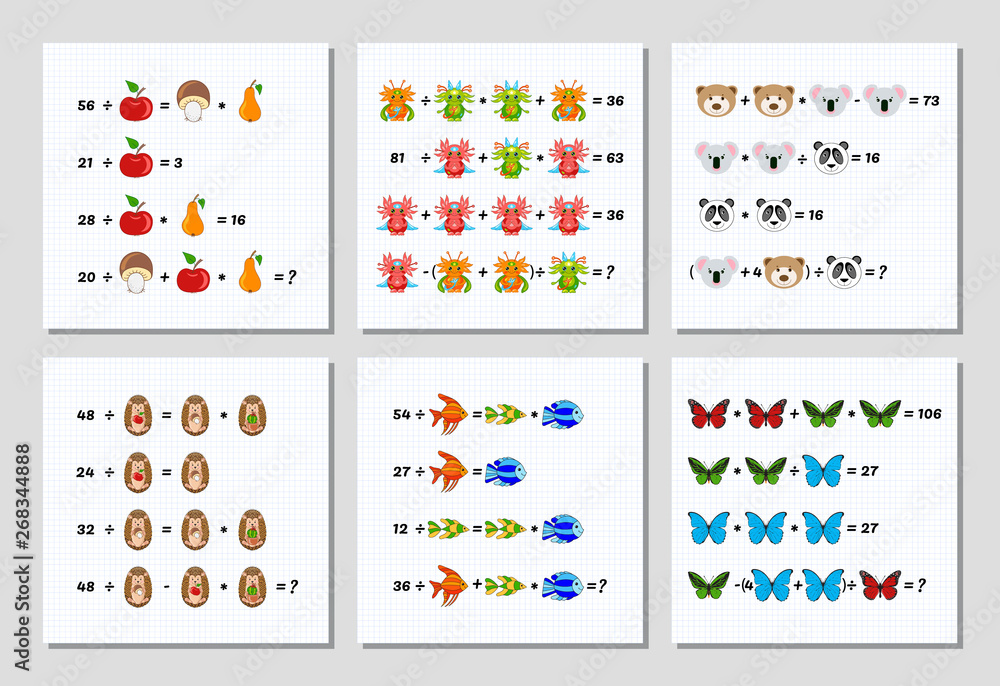 Mathematics educational game set for children. Advanced level. Learning ...