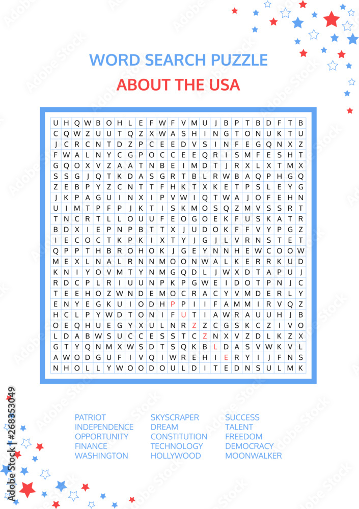 Word search puzzle. Vector game about the USA. Worksheet for adults ...