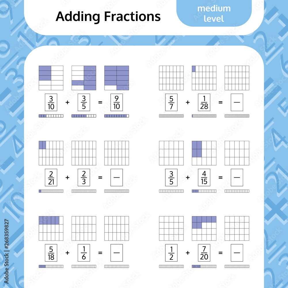 Adding Fractions Mathematical Worksheet. Squares. Coloring Book Page ...