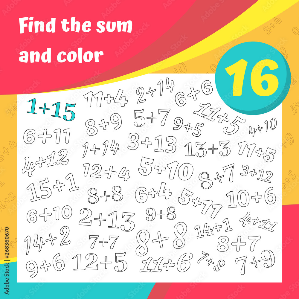 Find the sum and color addition worksheet set. Coloring book page. Math ...