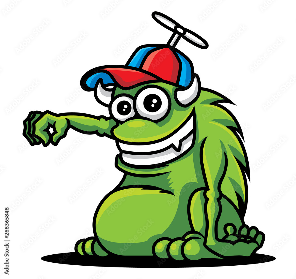 Cartoon cute green monster with horn wearing a cap. Monster hand ...