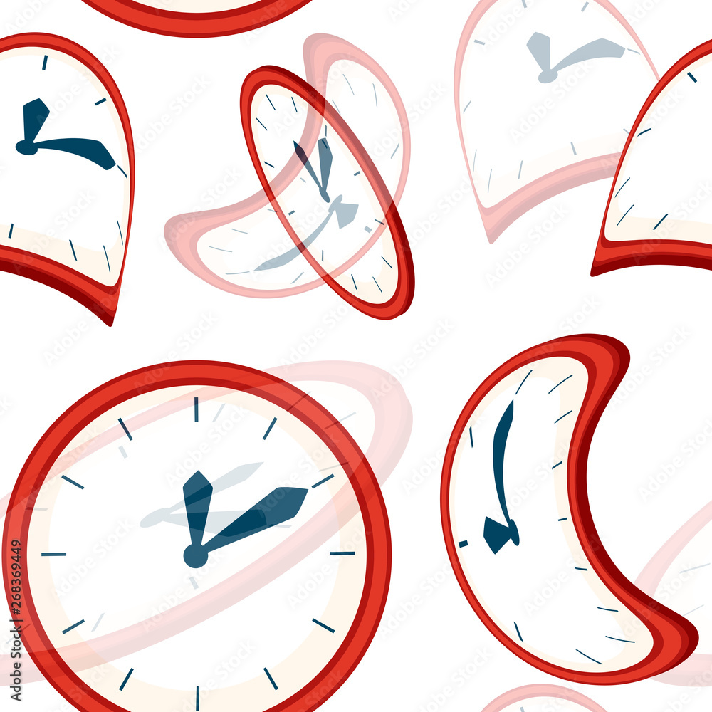 Seamless pattern. Red clock faces with blue pointers. Deformed and ...