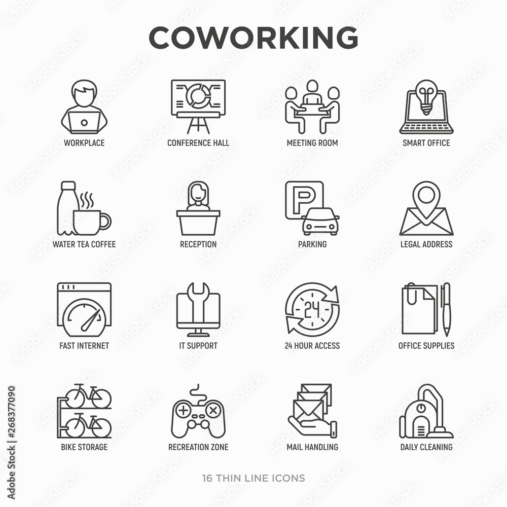 Coworking office thin line icons set: workplace, meeting room ...