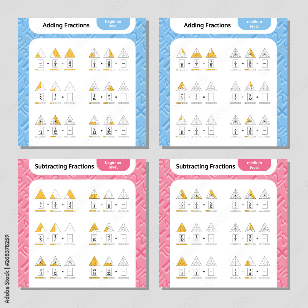 Adding and Subtracting Fractions Mathematical Worksheet Set. Triangles ...