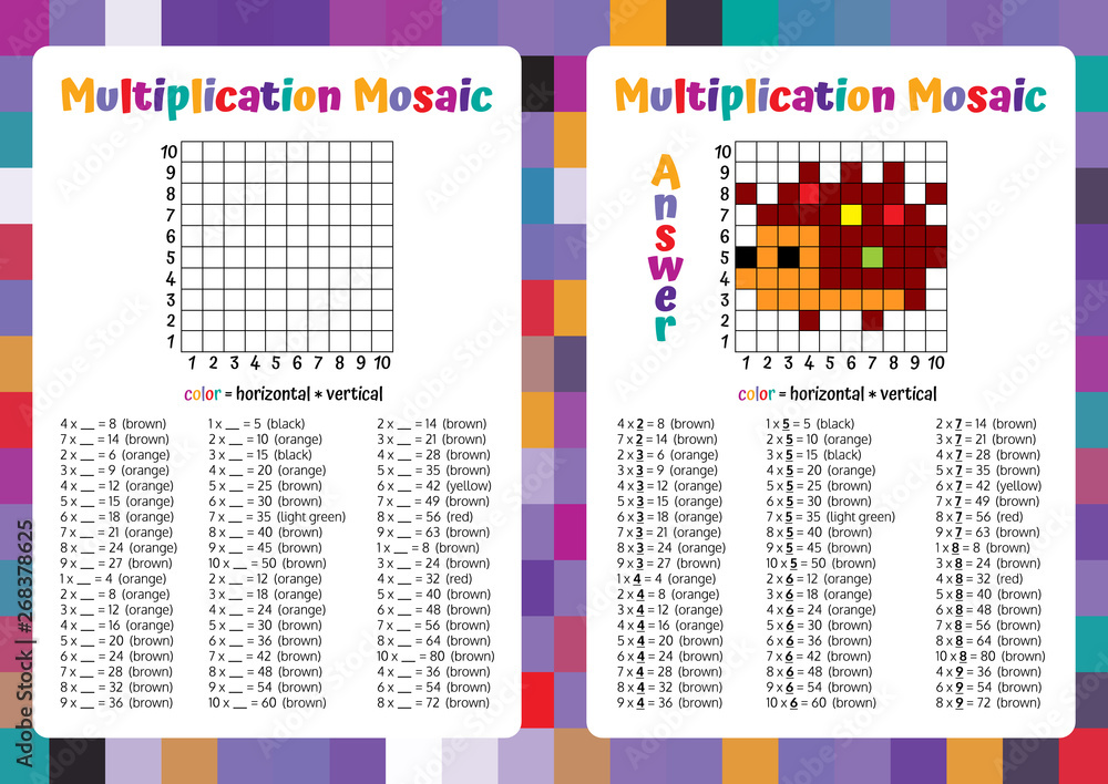Multiplication Mosaic Math Puzzle Worksheet. Educational Game. Coloring ...