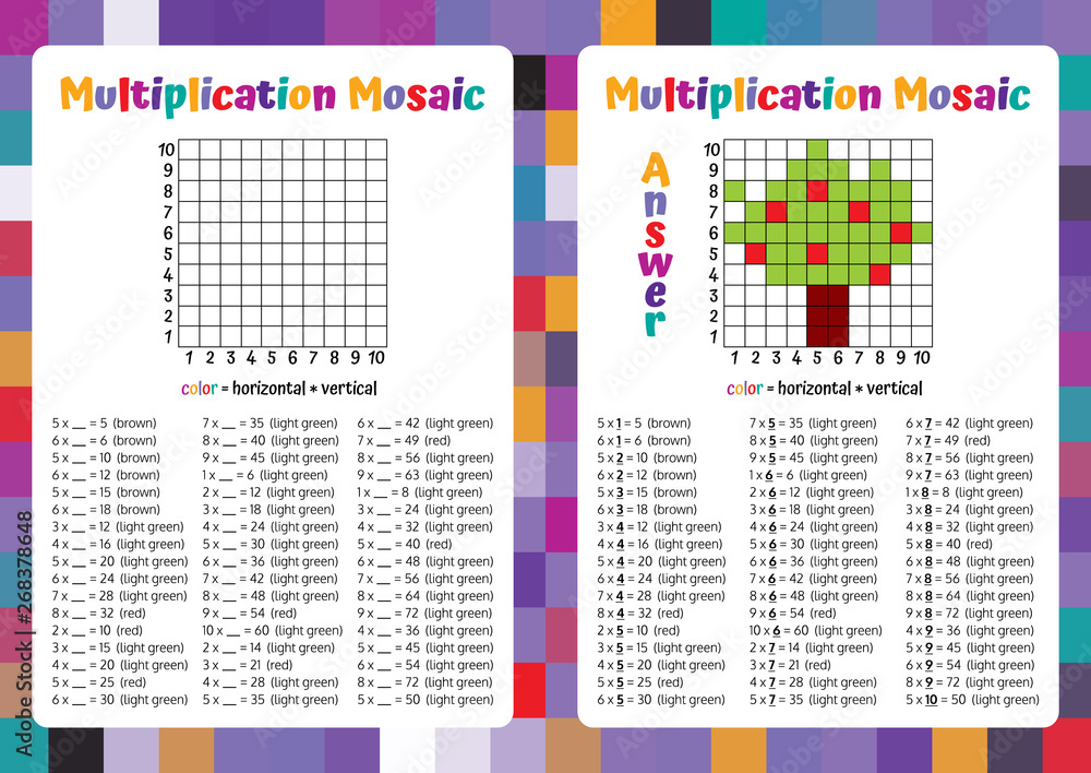 Vetor de Multiplication Mosaic Math Puzzle Worksheet. Educational Game ...
