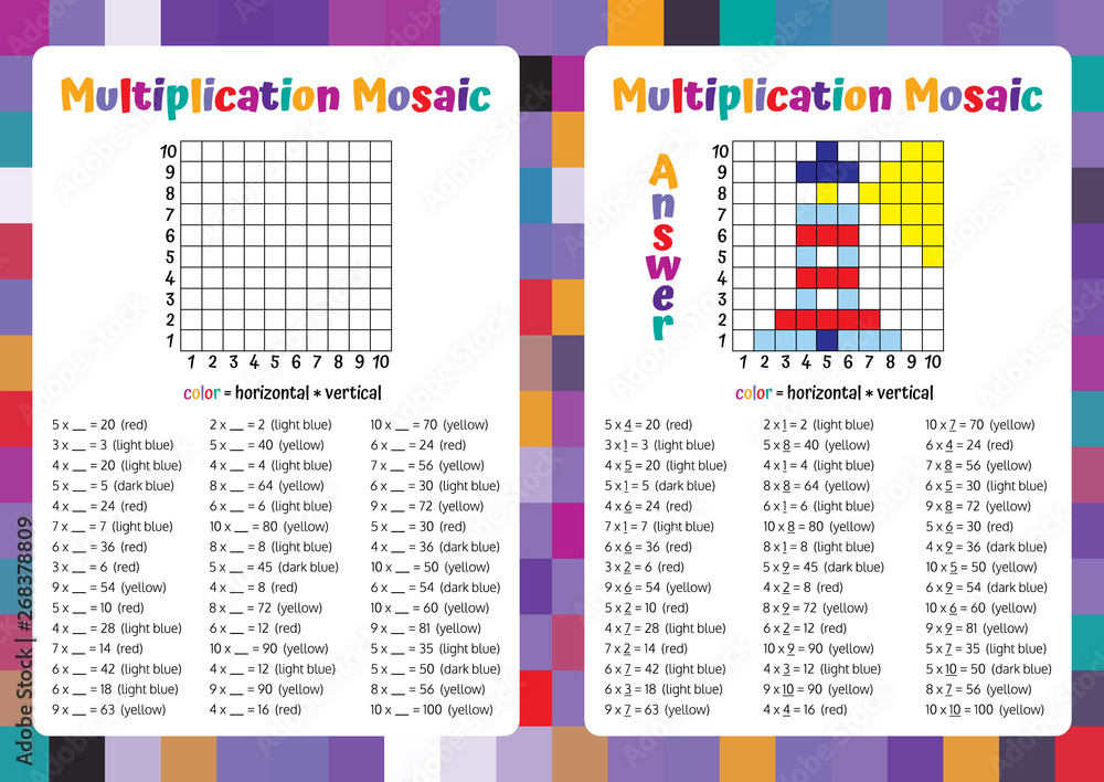 Multiplication Mosaic Math Puzzle Worksheet. Educational Game. Coloring ...