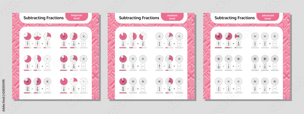 Subtracting Fractions Mathematical Worksheet Set. Coloring Book Page ...