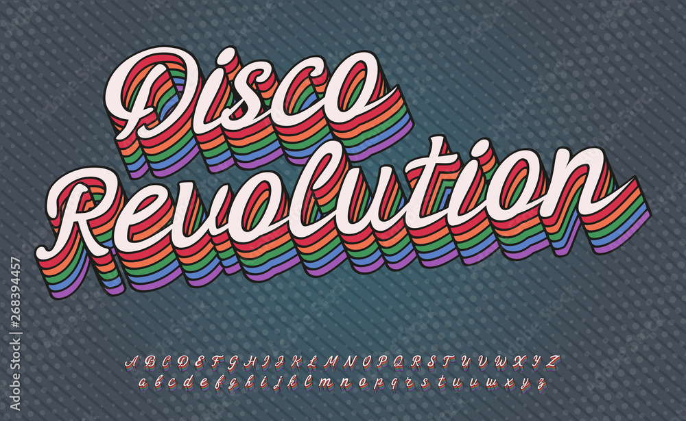 Disco Revolution. 3D vintage script font. Retro typeface. Vector font ...