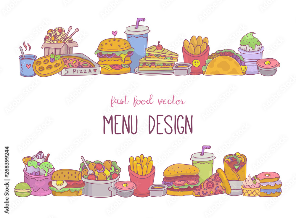 Fast food frame with fries,burger,pizza,kebab,sandwiches,street food ...