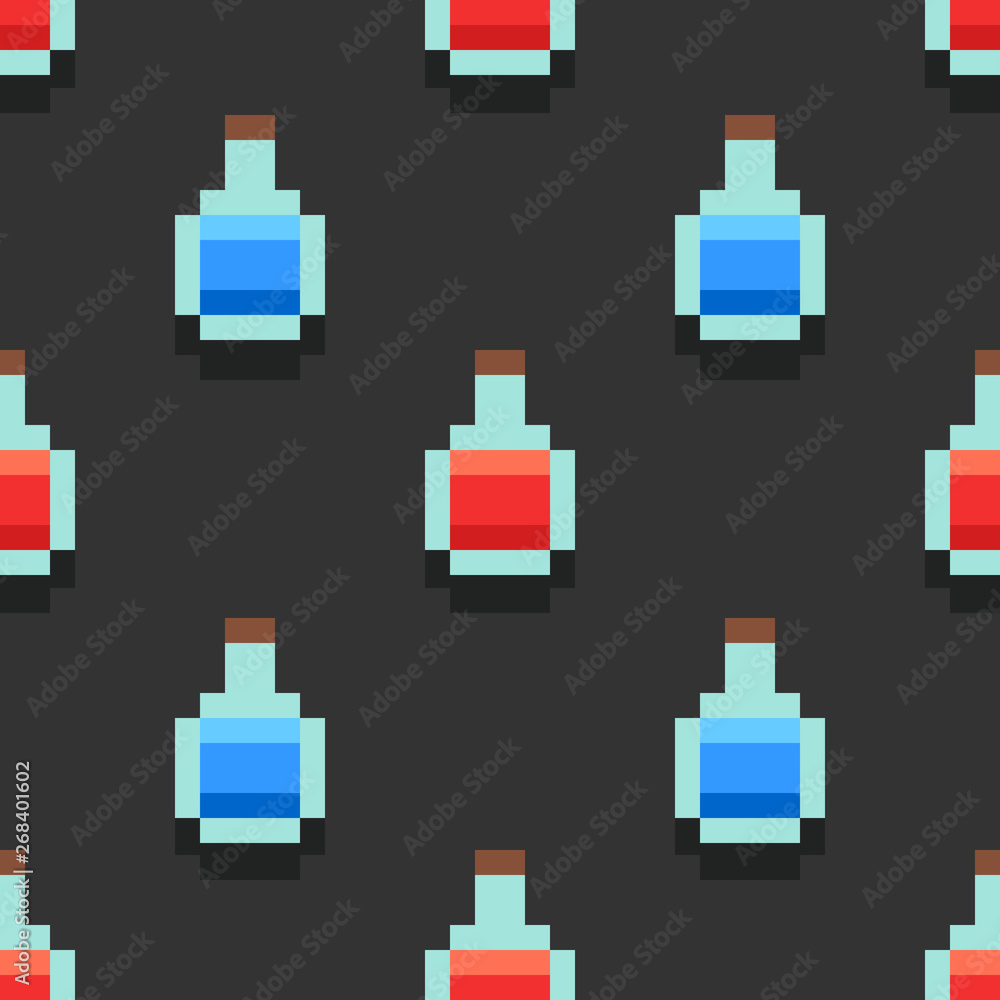 Seamless pattern with pixel blue and red potions bottles. Game pixel ...