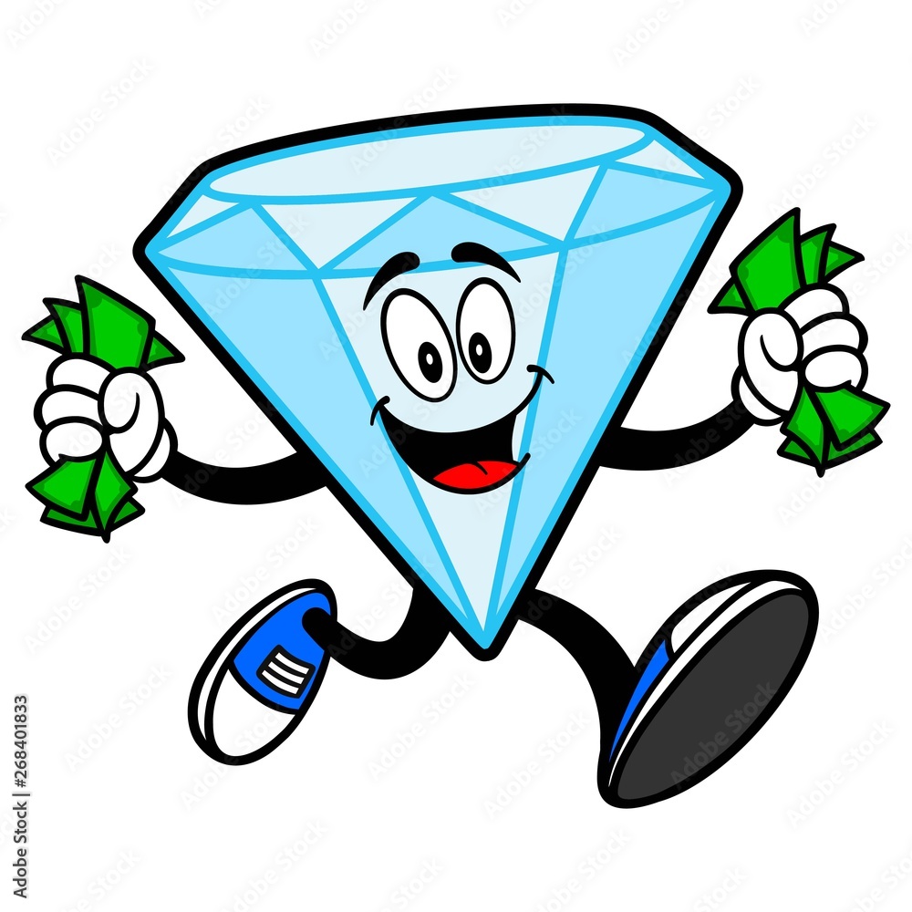 Diamond Mascot running with Money - A cartoon illustration of a Diamond ...