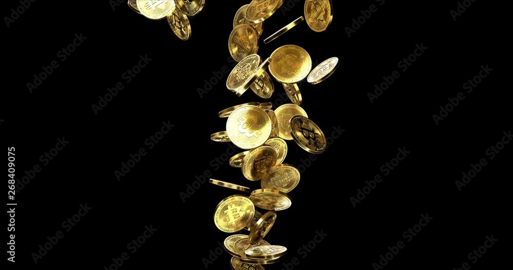 Bitcoins fountain gushing isolated on black background. UHD 4k rendered ...