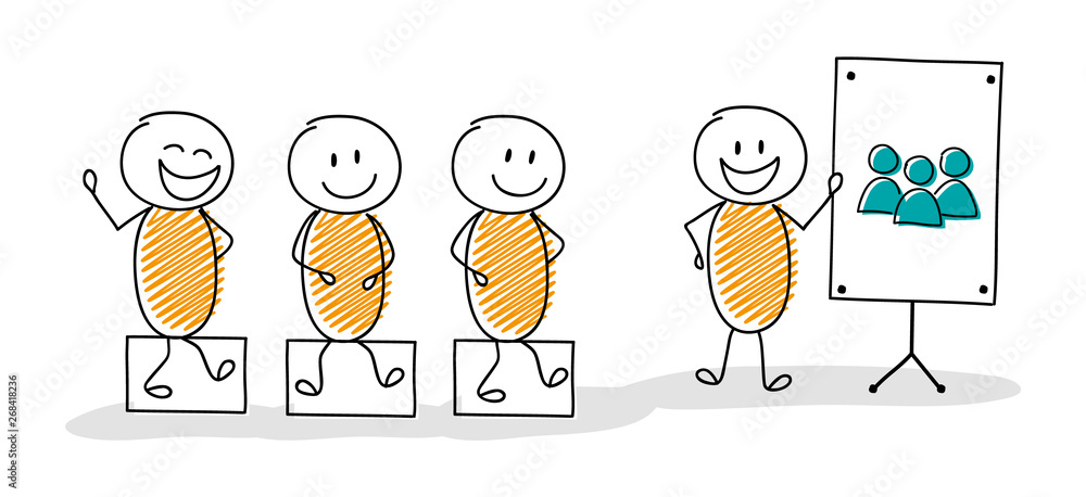 Group of a hand drawn funny stickmen with whiteboard and team icon ...
