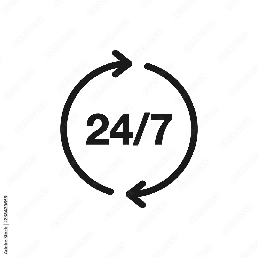 24/7 sync icon isolated on white background. 24/7 service asistance ...