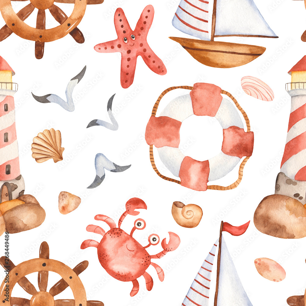 Watercolor seamless pattern with lighthouse, paddle, boat. Texture for ...