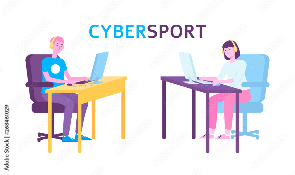 Two teen gamers behind computers playing a game, girl and boy cartoon ...