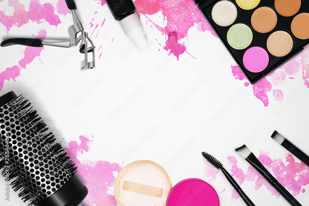 Glamour still life photo of cosmetics on pink watercolor hand drawn ...