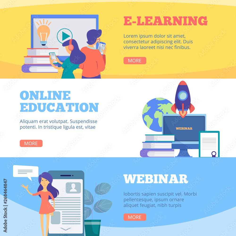 Online education banners. Webinar web school conference e learning ...
