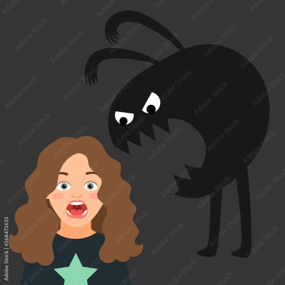 Scared girl, kids fear and monster silhouette vector illustration ...