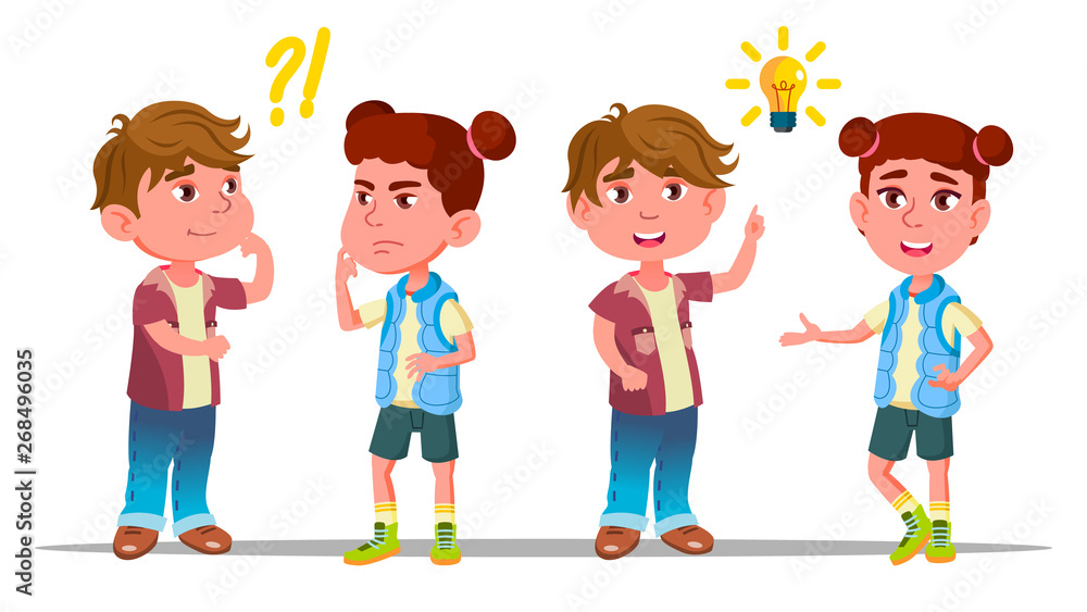 Characters Children Thinking And Understand Vector. Smart Pupils Boy ...